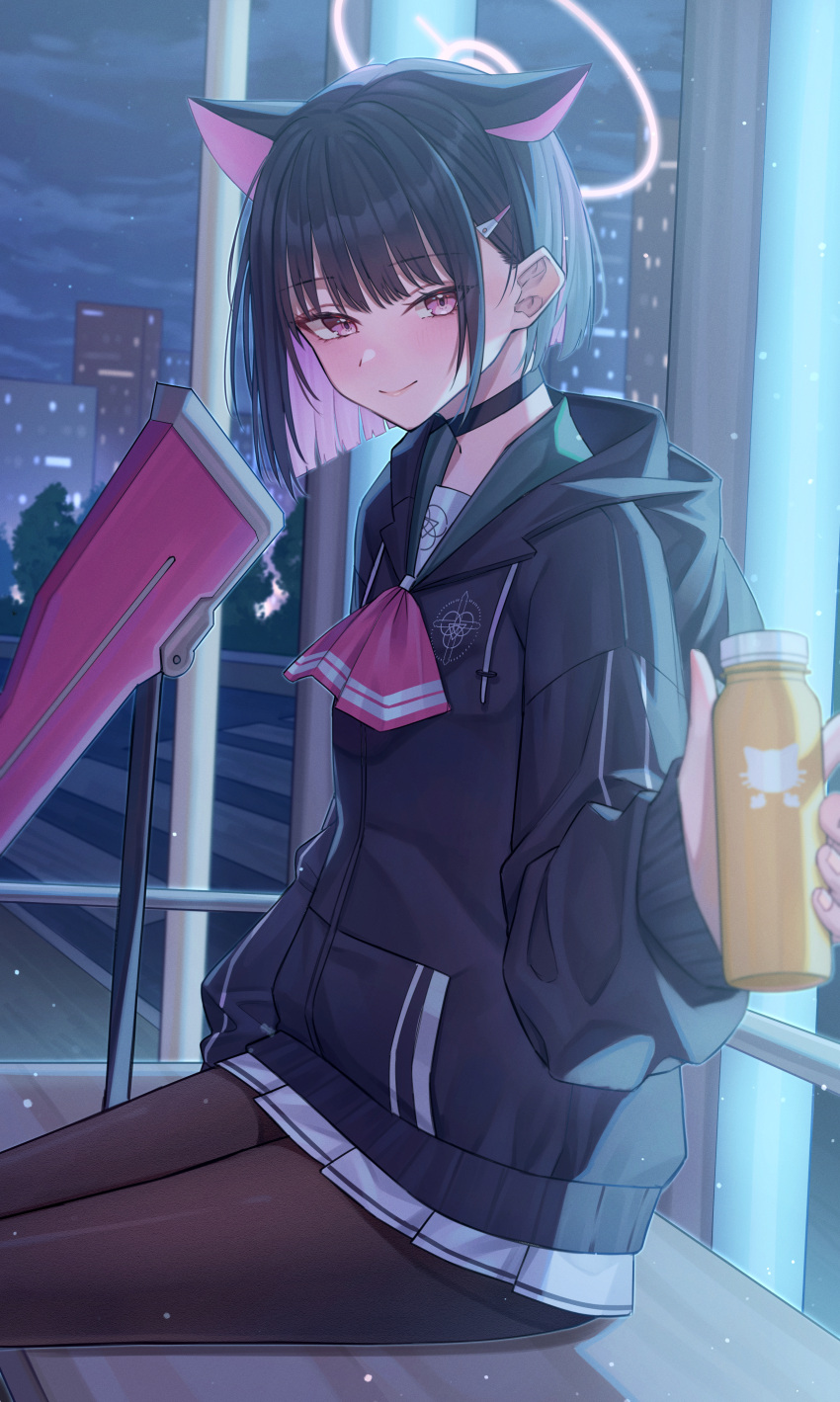 Safebooru - 1girl absurdres animal ears black hair black hoodie black pantyhose blue archive ...