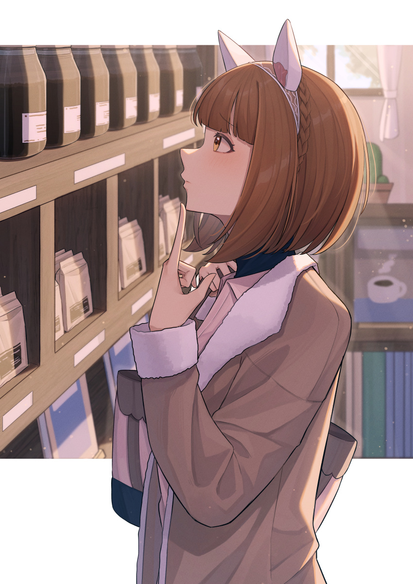 Safebooru - 1girl absurdres alternate costume animal ears blunt bangs brown coat brown eyes ...