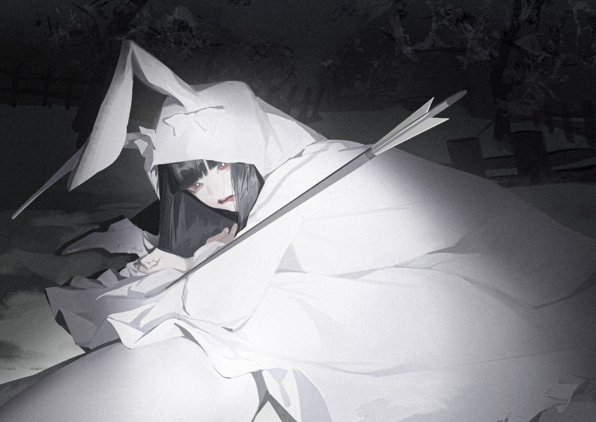 Safebooru - 1girl 39mix absurdres animal hood black hair blunt bangs bow (weapon) highres hood ...