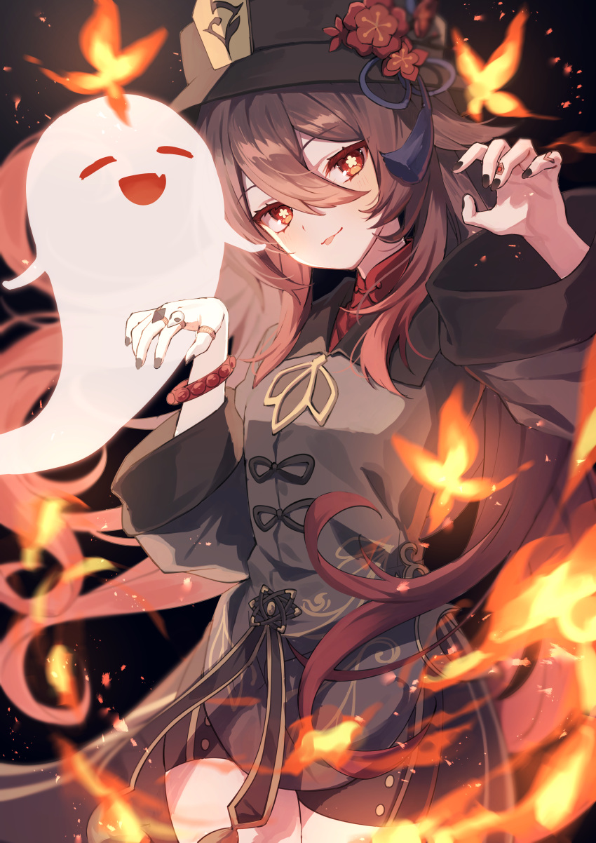 Safebooru - 1girl absurdres black background black bow black coat black headwear black nails ...