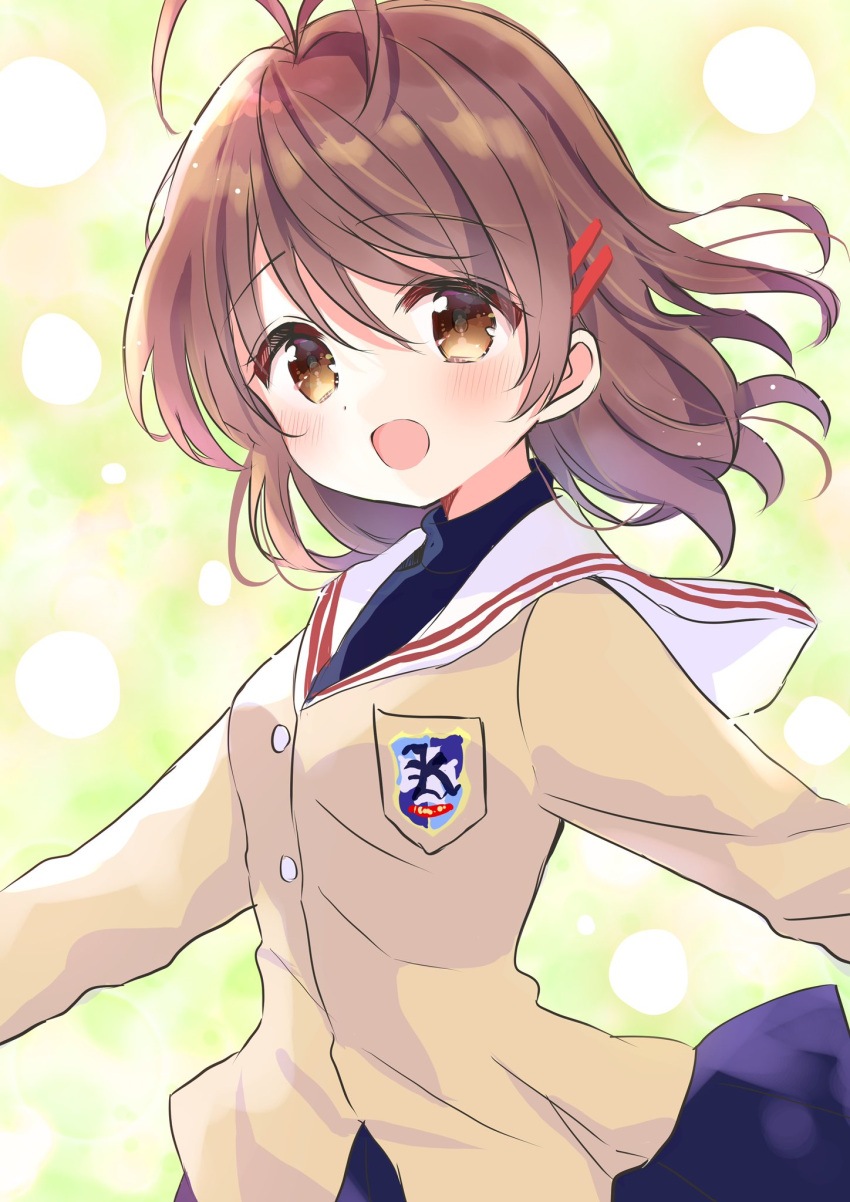 Safebooru - 1girl antenna hair badge blue skirt blue sky brown eyes brown hair clannad clouds ...