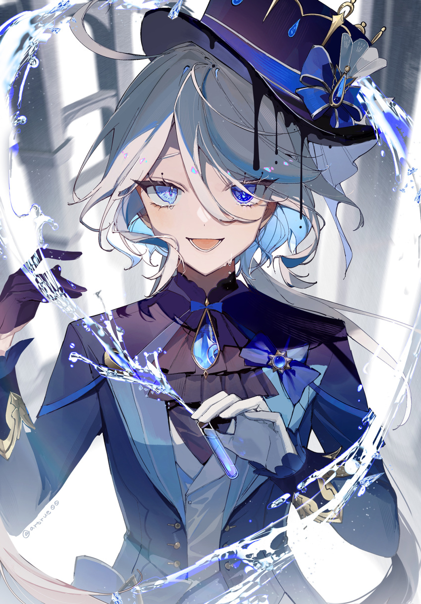 Safebooru - 1girl ahoge artue ascot asymmetrical gloves black gloves blue eyes blue gemstone ...