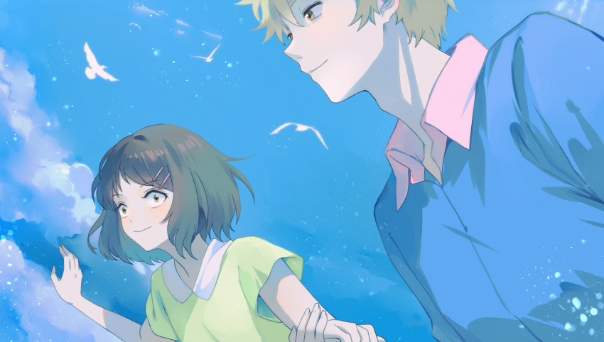Safebooru - 1boy 1girl absurdres bird blonde hair blue shirt blue sky brown eyes brown hair ...