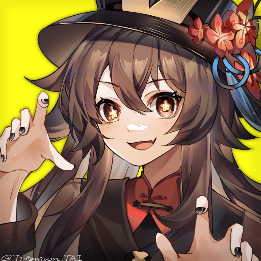 Safebooru - 1girl black headwear black nails brown coat brown hair coat fang flower flower ...