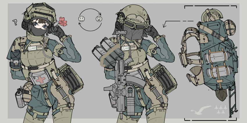 Safebooru - 1girl ? angry arm behind back army assault rifle backpack bag black gloves blue eyes ...