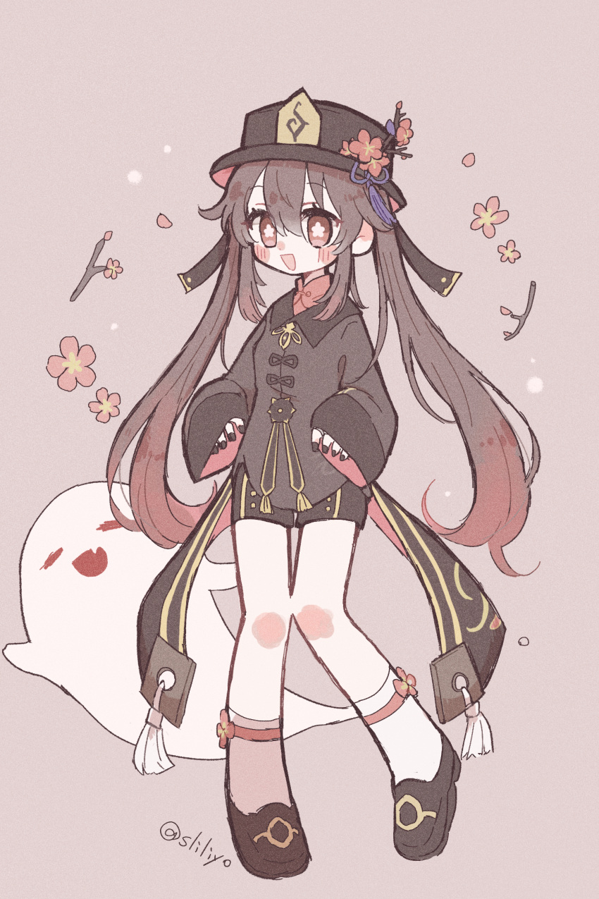 Safebooru - 1girl :d black coat black footwear black headwear black nails black shorts blush boo ...