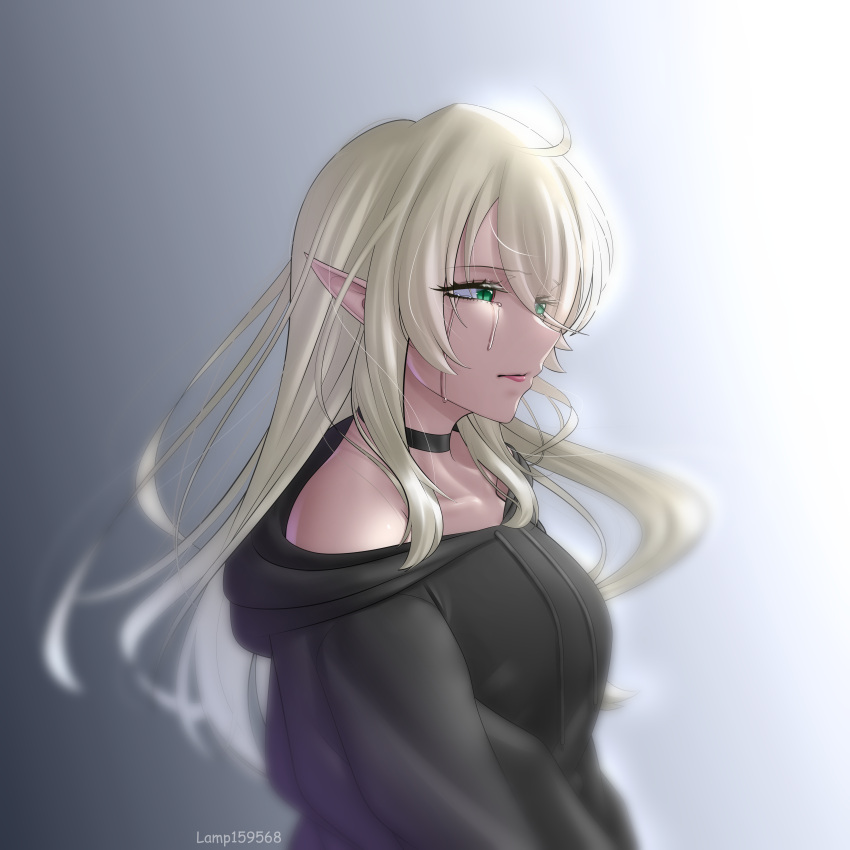 Safebooru - 1girl absurdres artist name black choker black hoodie blonde hair blurry breasts ...