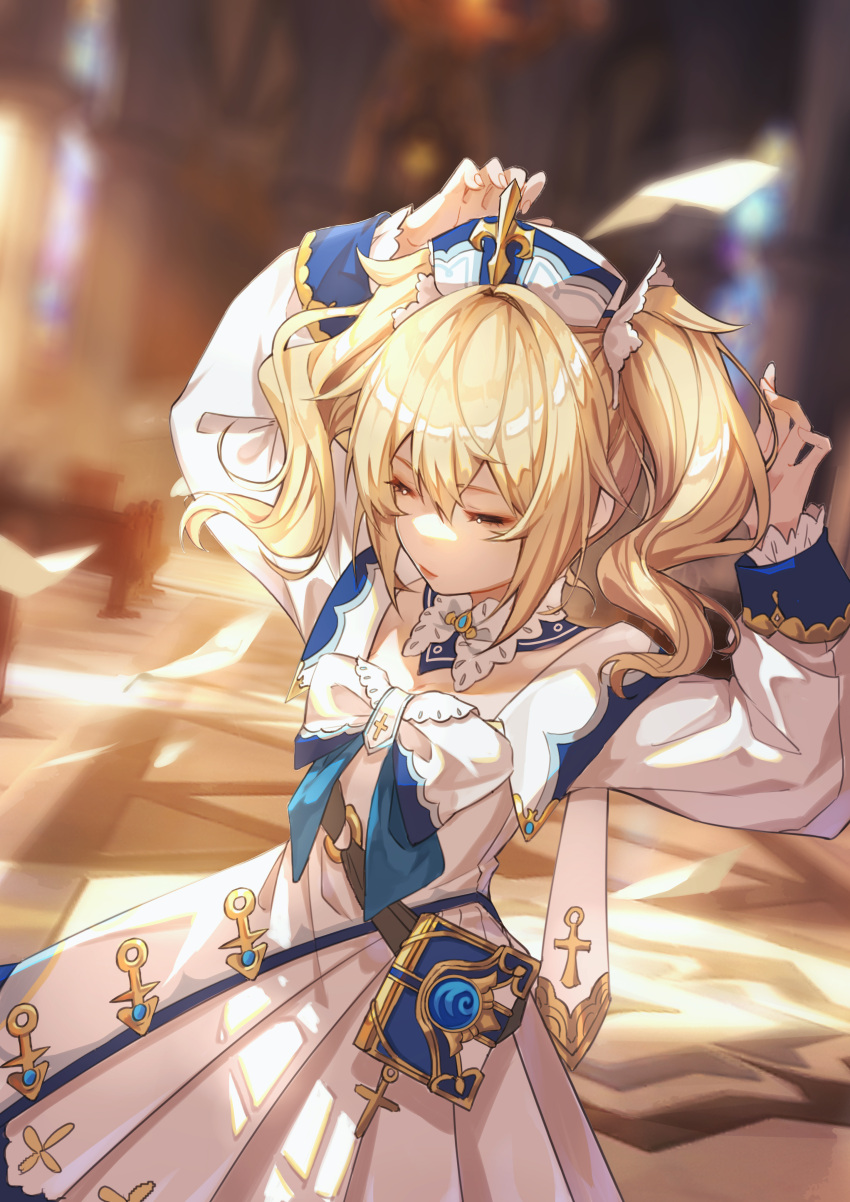 Safebooru - 1girl absurdres adjusting hair barbara (genshin impact) belt blonde hair book dress ...