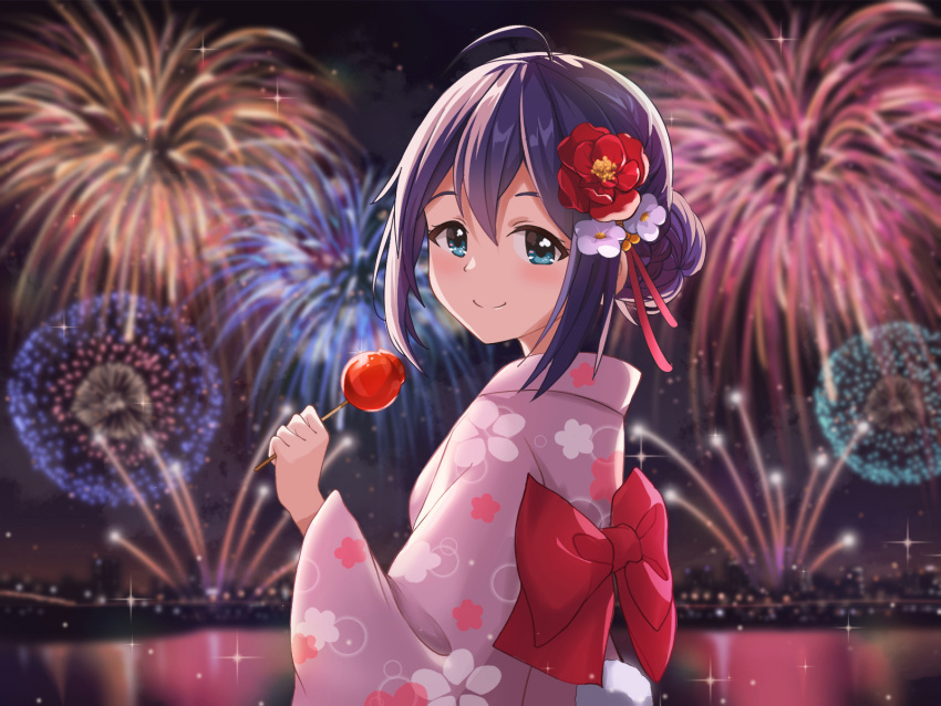 Safebooru - 1girl aerial fireworks ahoge alternate hairstyle aqua eyes ...