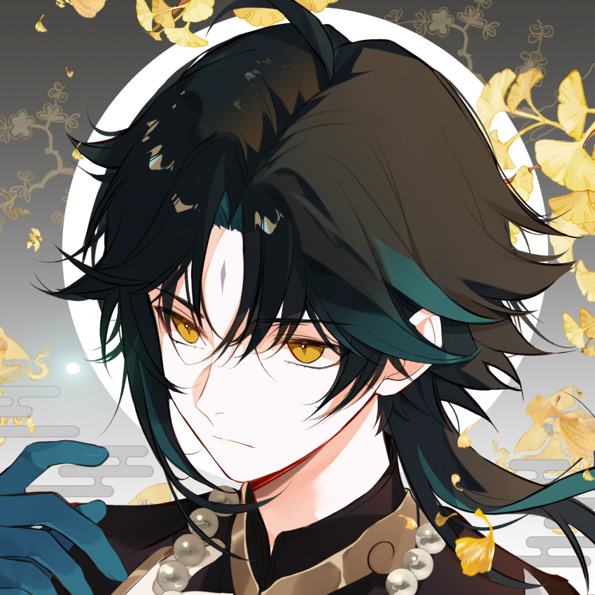 Safebooru - 1boy aqua hair bead necklace beads black hair blue gloves colored tips facial mark ...