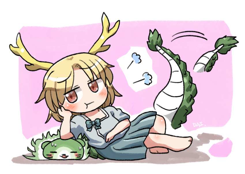 Safebooru - 1girl afterimage barefoot blonde hair blue shirt blush closed mouth dragon horns ...