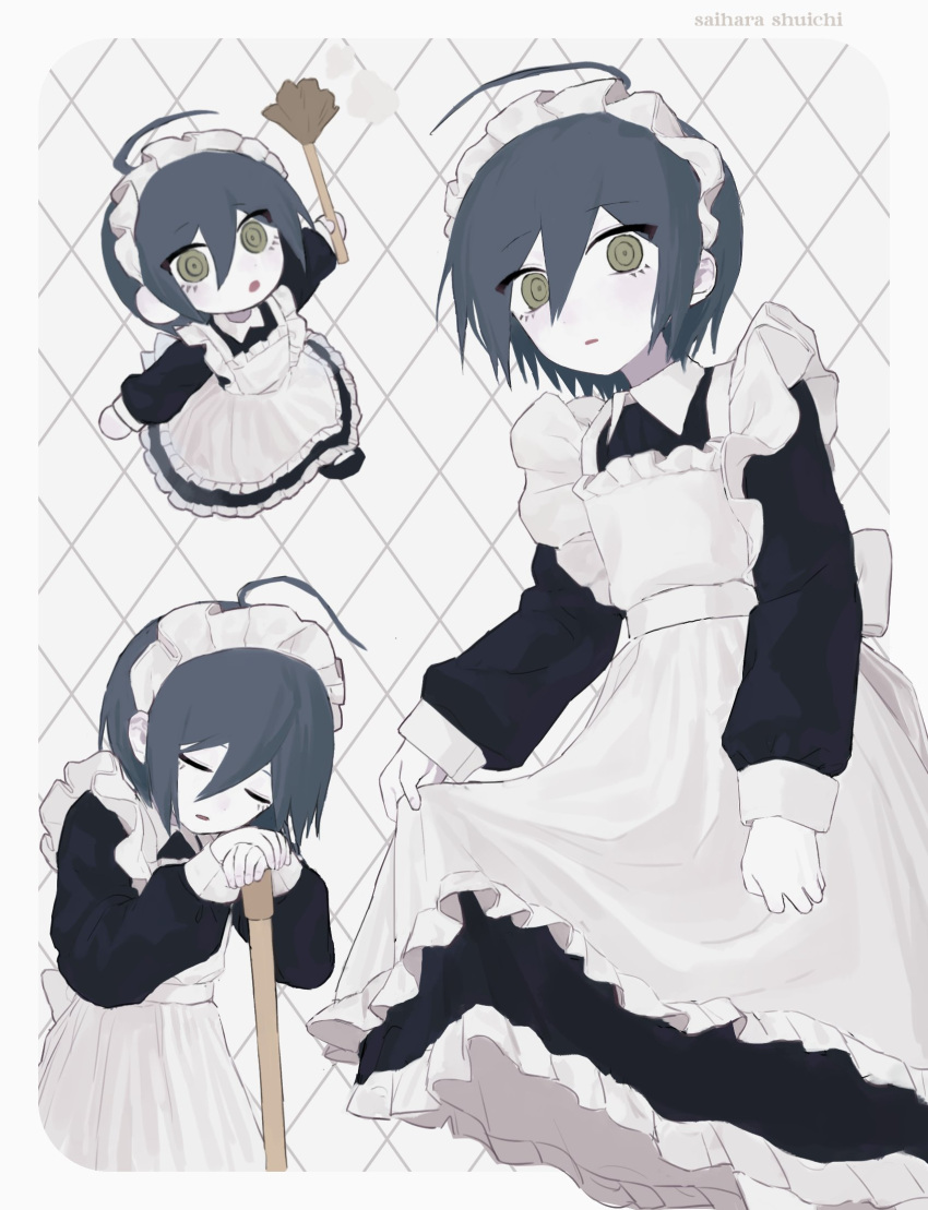 Safebooru - 1boy ahoge alternate costume apron black dress black hair brown eyes chibi ...