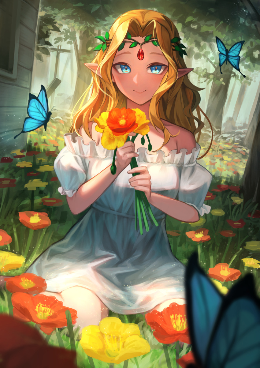 Safebooru - 1girl absurdres bare shoulders blonde hair blue eyes blush breasts bug butterfly ...