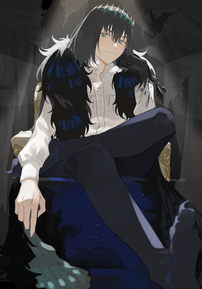 Safebooru - 1boy :| absurdres alternate hair color arthropod boy black hair black pants chair ...