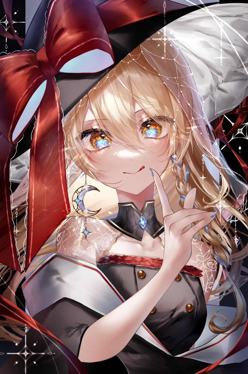 Safebooru - 1girl absurdres alternate costume black dress black headwear blonde hair blue nails ...