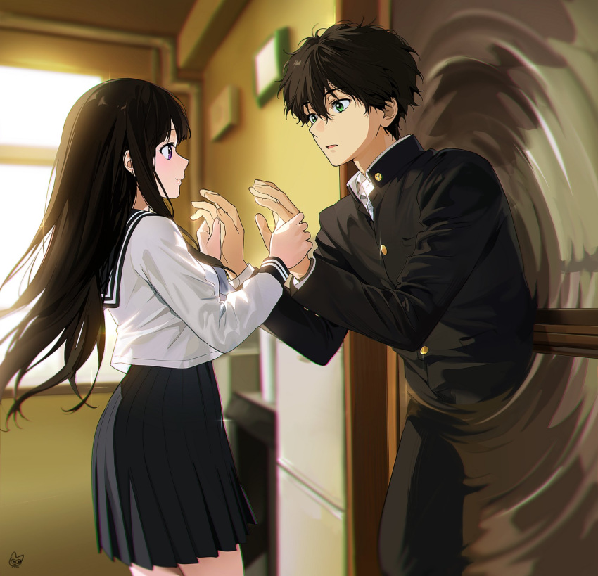 Safebooru - 1boy 1girl artist logo black hair black sailor collar breasts brown hair chitanda ...