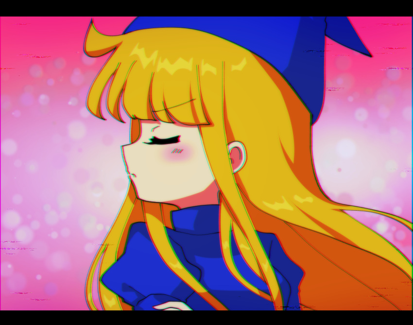 Safebooru - 1girl blonde hair blue headwear blush closed eyes closed mouth highres letterboxed ...