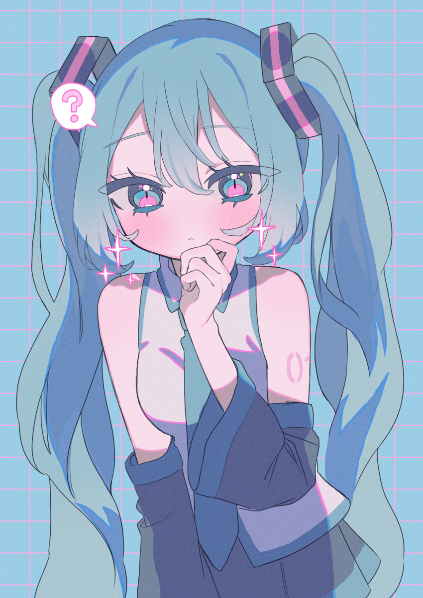 Safebooru - 1girl ? absurdres aqua background aqua eyes aqua hair aqua necktie bare shoulders ...
