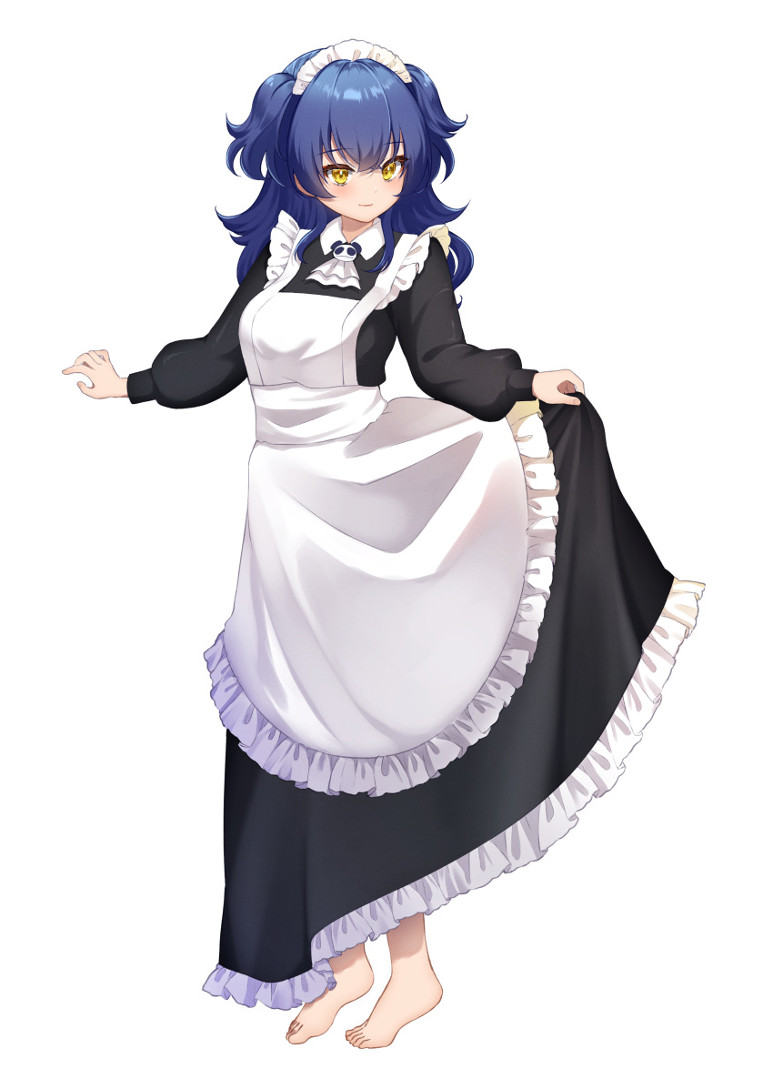 Safebooru - 1girl absurdres apron barefoot black dress blue hair ...