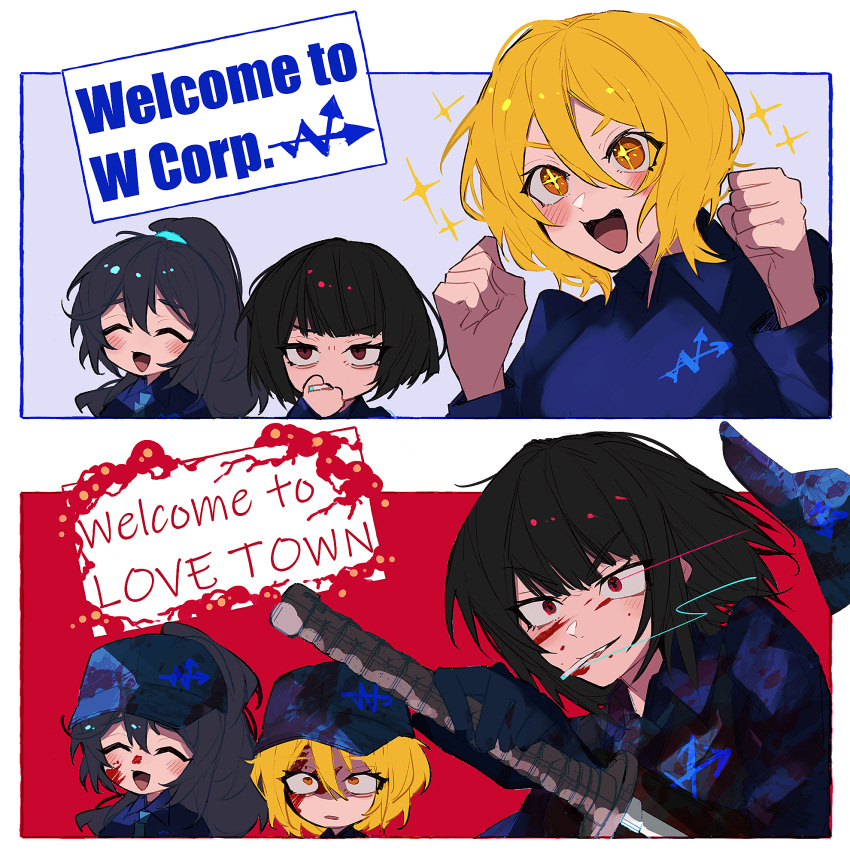 Safebooru - 1boy 2girls :d baseball cap black hair blonde hair blood blood on clothes blood on ...