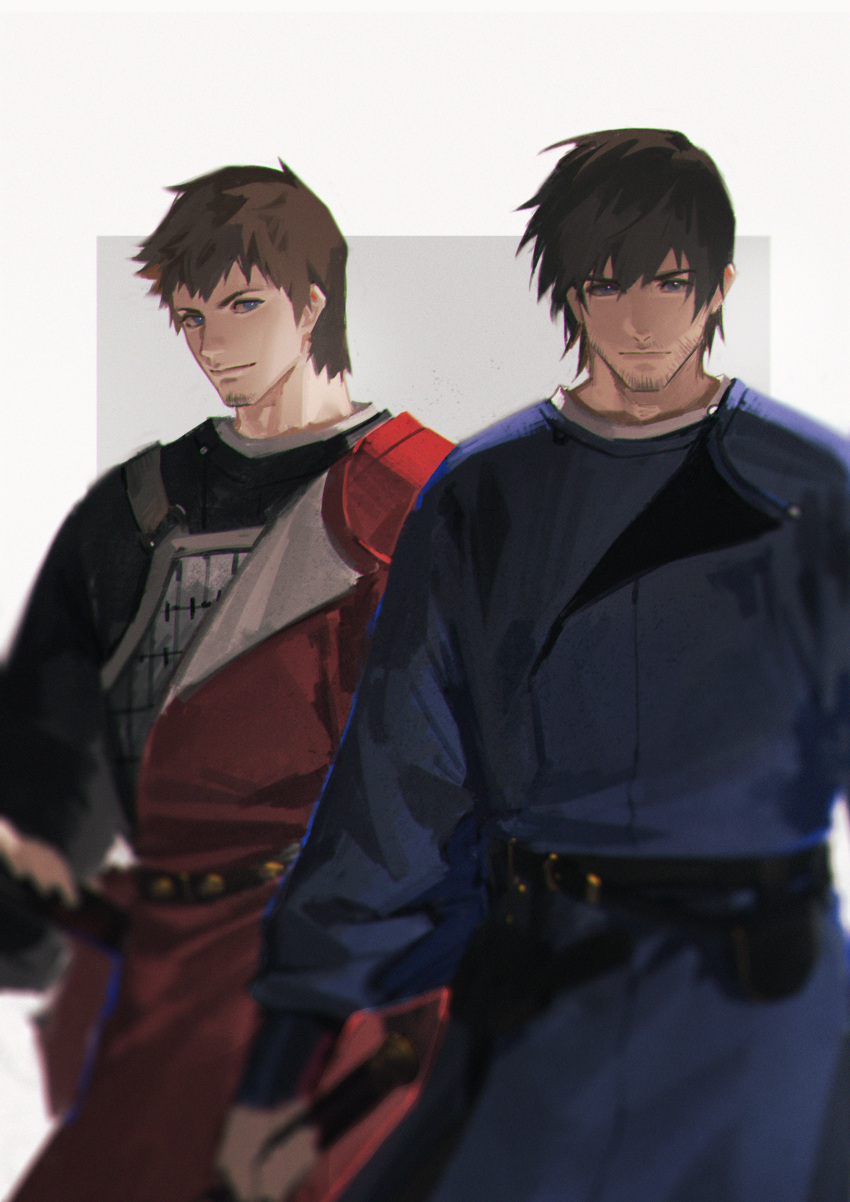 Safebooru - 2boys absurdres adventurer (ff14) ardbert hylfyst armor blue eyes brown hair cowboy ...