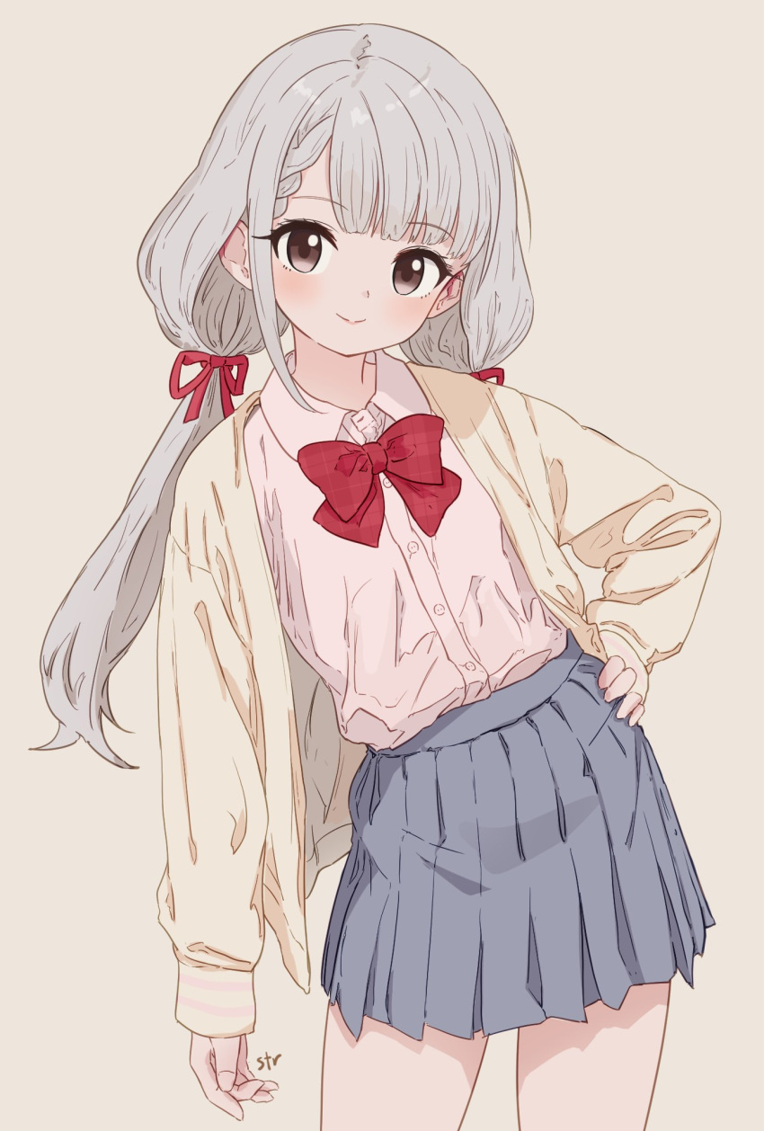 Safebooru - 1girl asymmetrical bangs bow braid braided bangs brown eyes cardigan grey hair hair ...