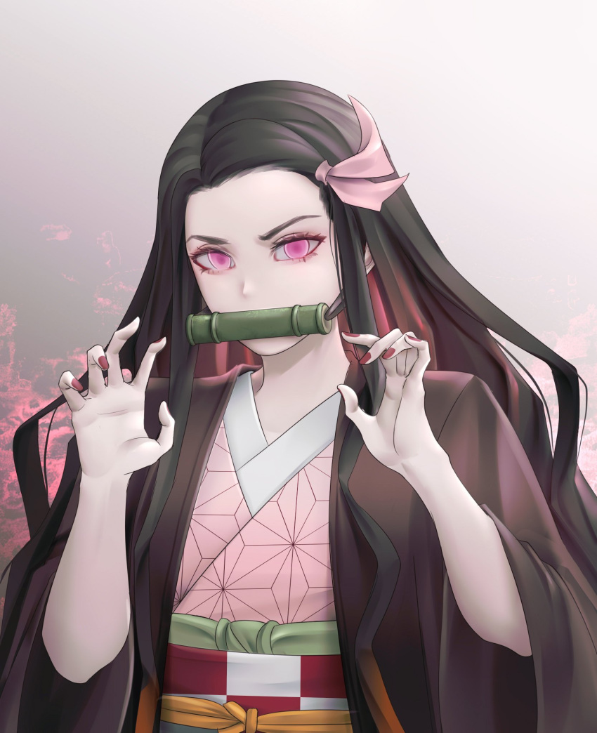 Safebooru - 1girl arms up asa no ha (pattern) bamboo bit gag black hair ...