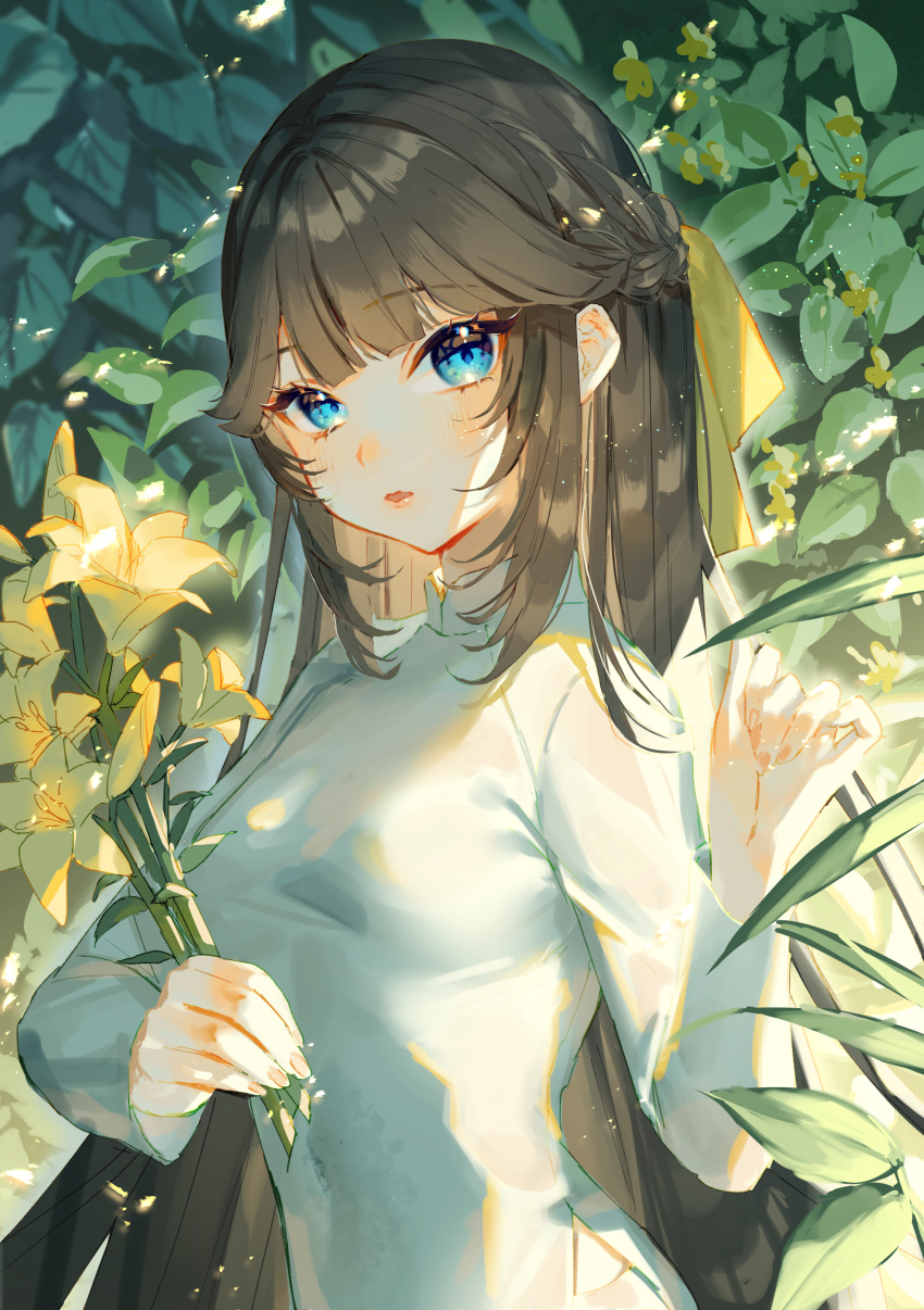 Safebooru - 1girl absurdres aqua eyes black hair flower hair ribbon ...