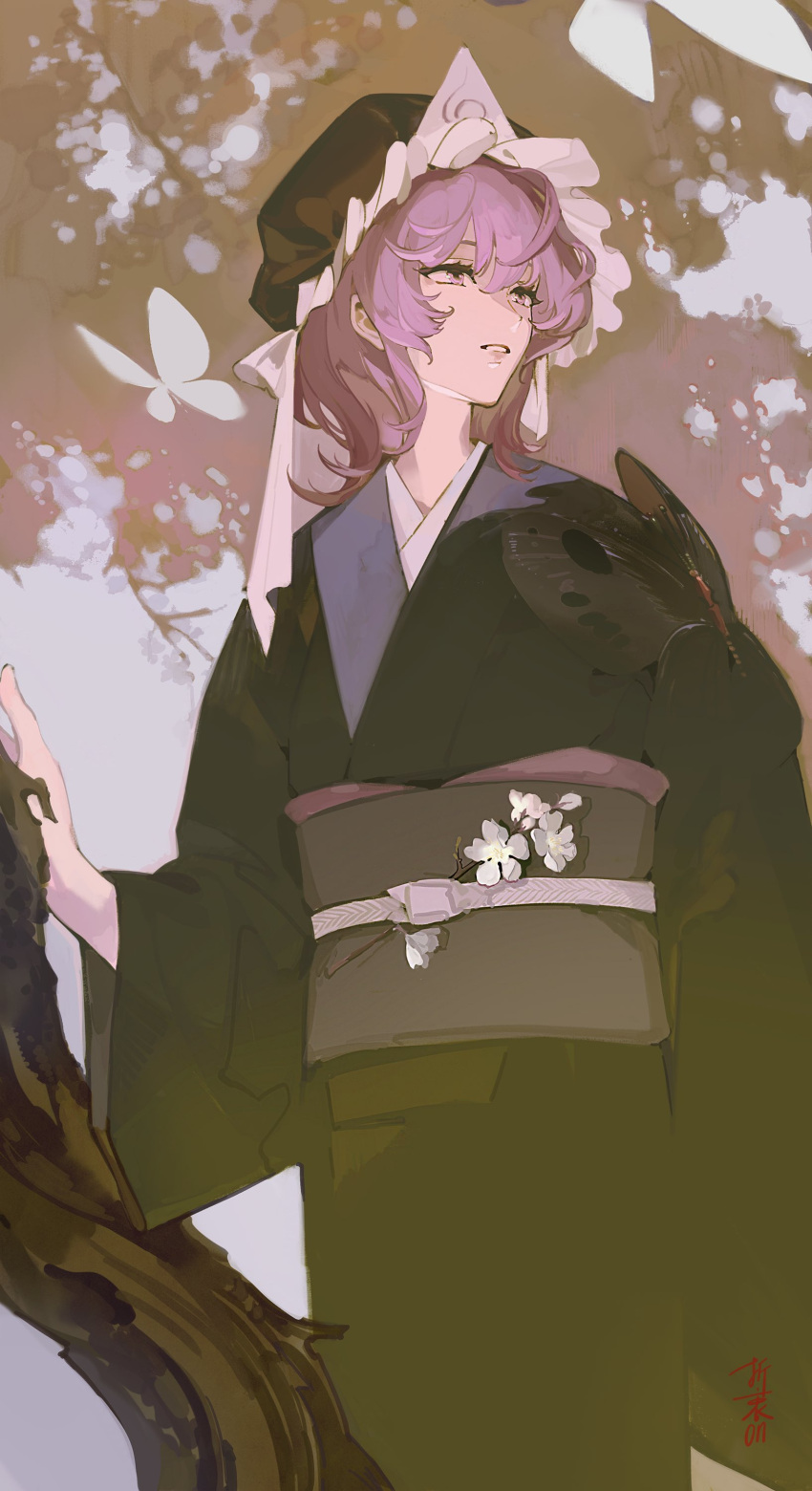 Safebooru - 1girl absurdres animal artist name black headwear black kimono bug butterfly cherry ...