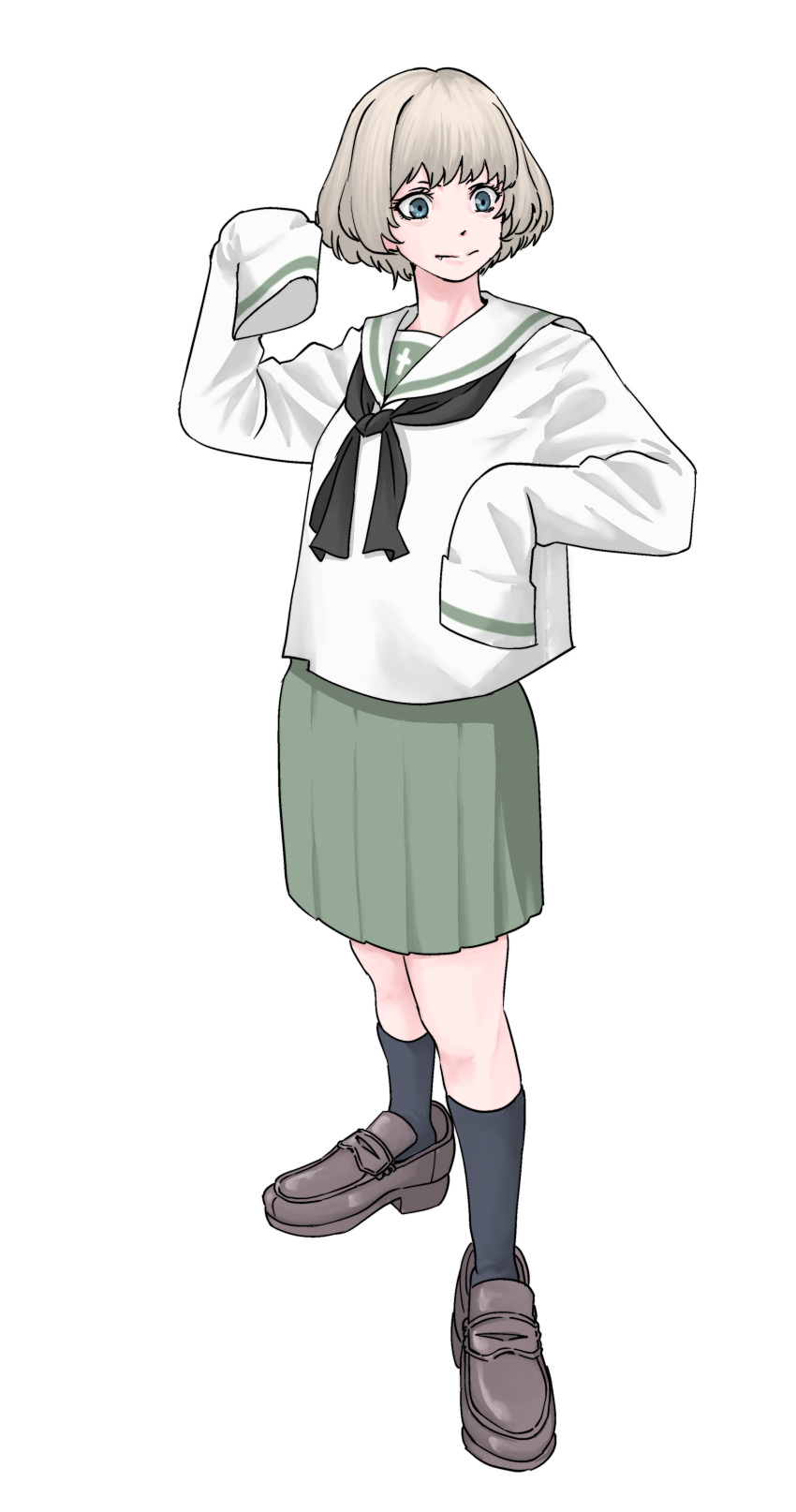 Safebooru - 1girl absurdres black socks blonde hair blue eyes fang girls und panzer green skirt ...