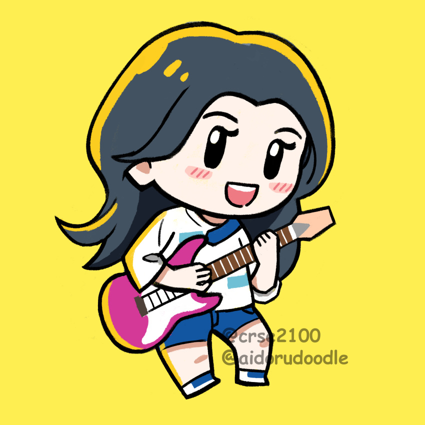 Safebooru - 1girl :d azizi asadel ccccrse chibi electric guitar grey ...