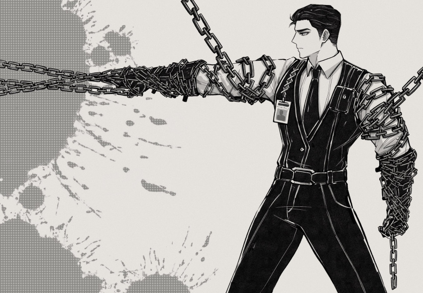 Safebooru - 1boy 4indroid belt black hair black vest chain collared shirt commentary e.g.o ...