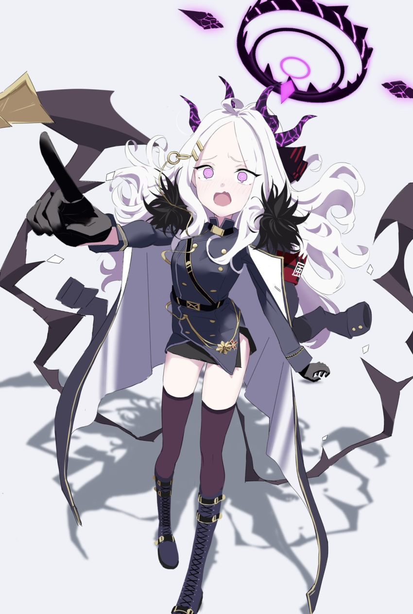 Safebooru - 1girl @ @ armband bat wings blue archive boots coat demon horns fur-trimmed coat fur ...