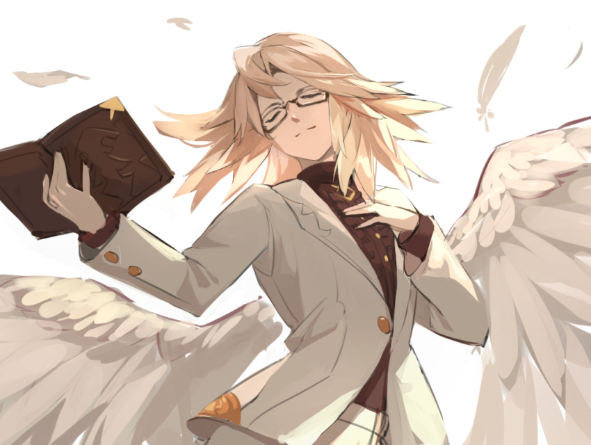 Safebooru - 1girl book brown shirt closed eyes closed mouth feathered ...