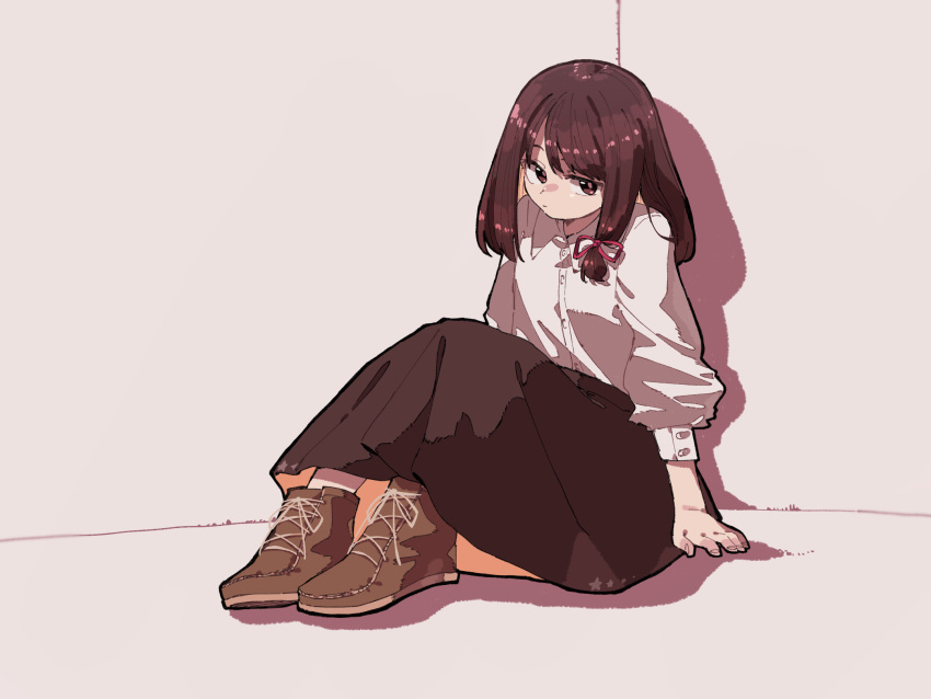 Safebooru - 1girl arm support black skirt boots brown eyes brown ...