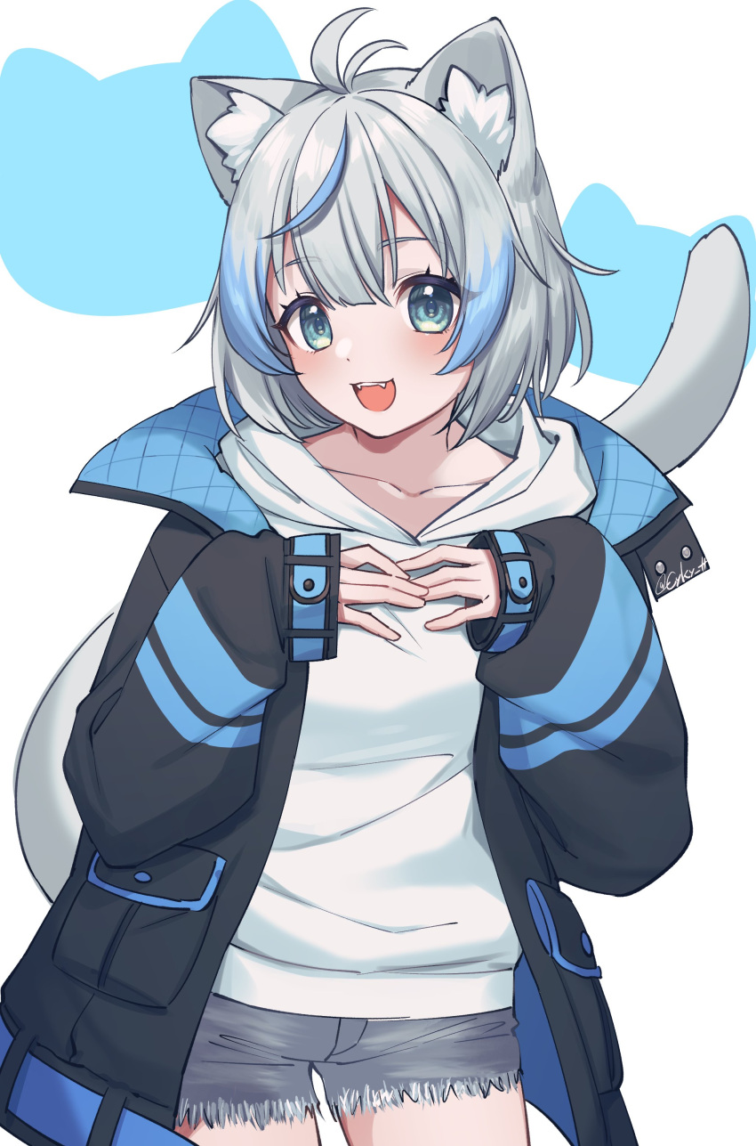 Safebooru - 1girl absurdres animal ears black jacket blue hair cat ears cat girl cat tail fang ...