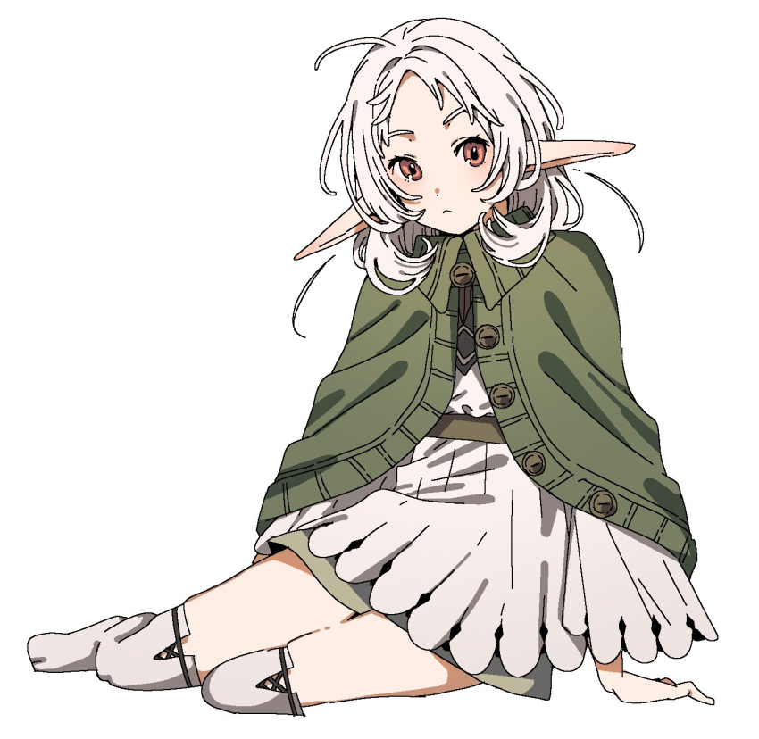 Safebooru - 1girl ahoge arm support capelet cl5hhuq2 dress elf green ...