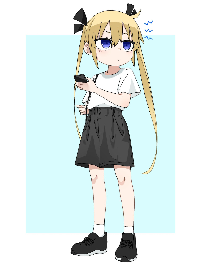 Safebooru - 1girl ankle socks blonde hair blue background blue eyes cellphone fusuma (suwaru ...