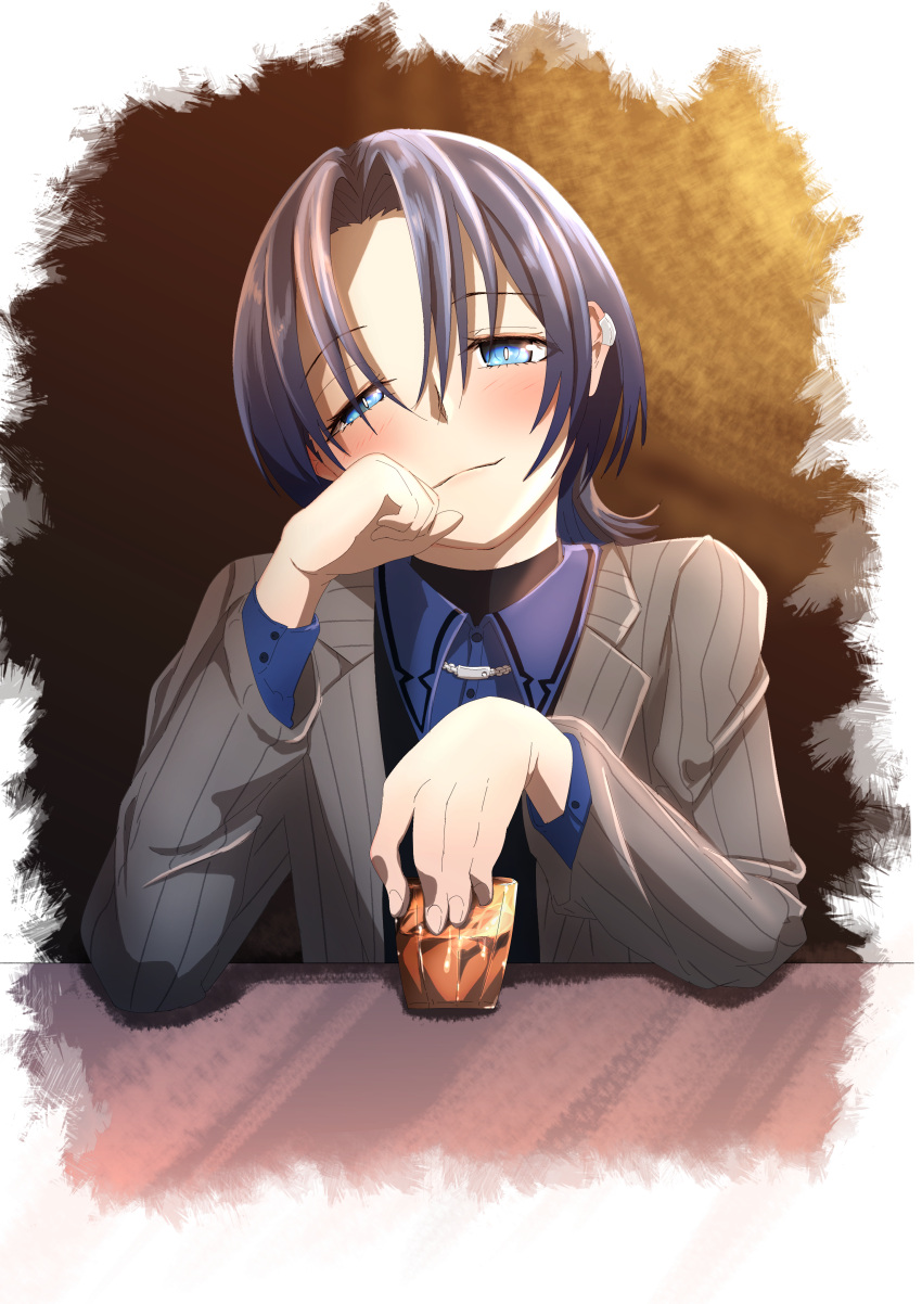 Safebooru - 1girl absurdres blue eyes blue hair blue shirt blush border collared shirt cup desk ...
