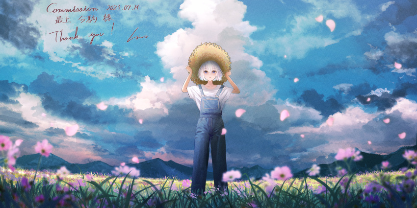 Safebooru - 1girl blue eyes blue overalls blue sky clouds cloudy sky commission day field flower ...