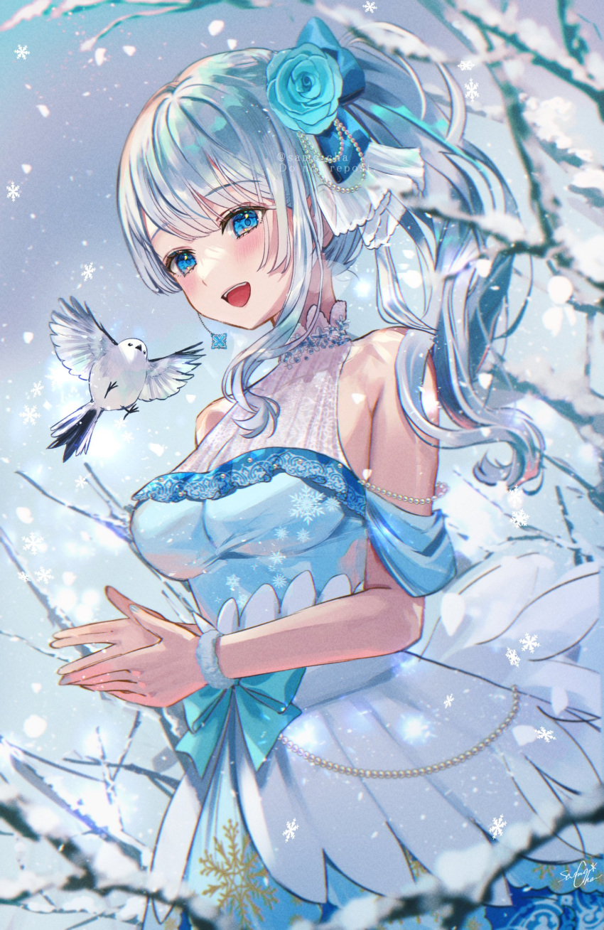 Safebooru - 1girl absurdres bird blue dress blue eyes blue nails blush commission dress grey ...