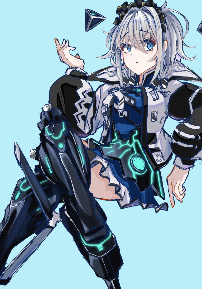 Safebooru - 1girl alternate costume armored skirt blue background blue ...