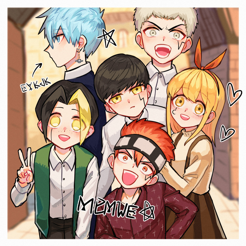 Safebooru - 1girl 5boys :d alternate costume black hair blonde hair ...