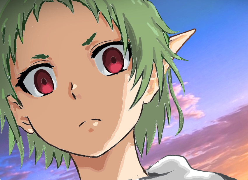 Safebooru - 1girl ahoge closed mouth clouds elf evening frown glaring ...