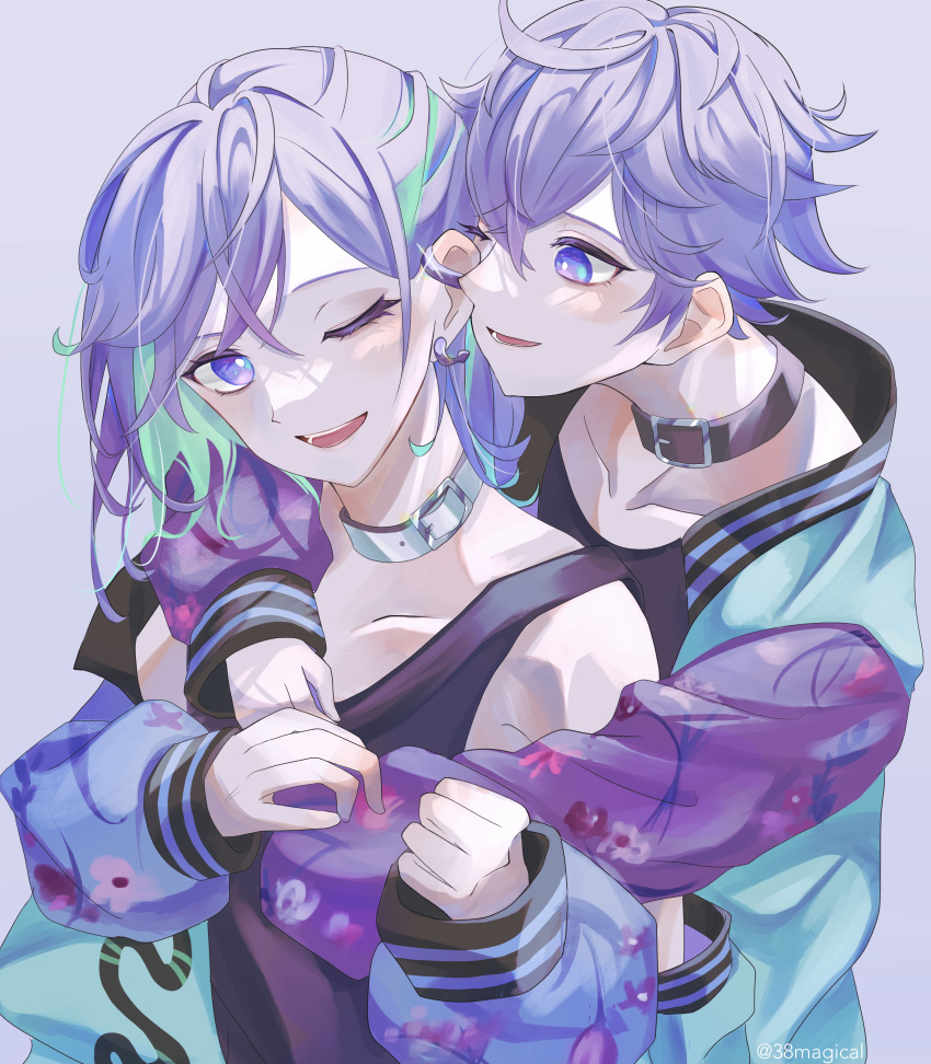 Safebooru - 2boys absurdres aqua hair black choker black tank top brothers choker cozmez ...