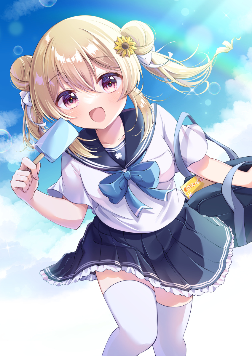 Safebooru - 168 azusa 1girl absurdres blonde hair blue bow bow double bun flower hair between ...