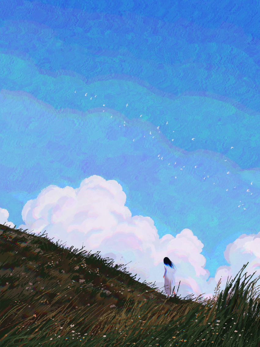 Safebooru 1girl Absurdres Bird Black Hair Blue Sky Clouds Dress 6560