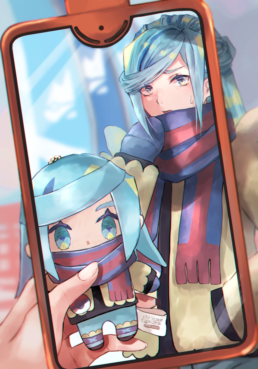 Safebooru - 1boy 1other absurdres blue scarf blurry character doll ...