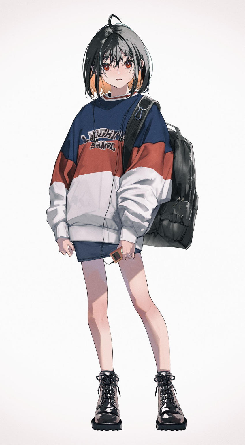 Safebooru - 1girl absurdres ahoge black bag black footwear black hair blue shorts full body ...