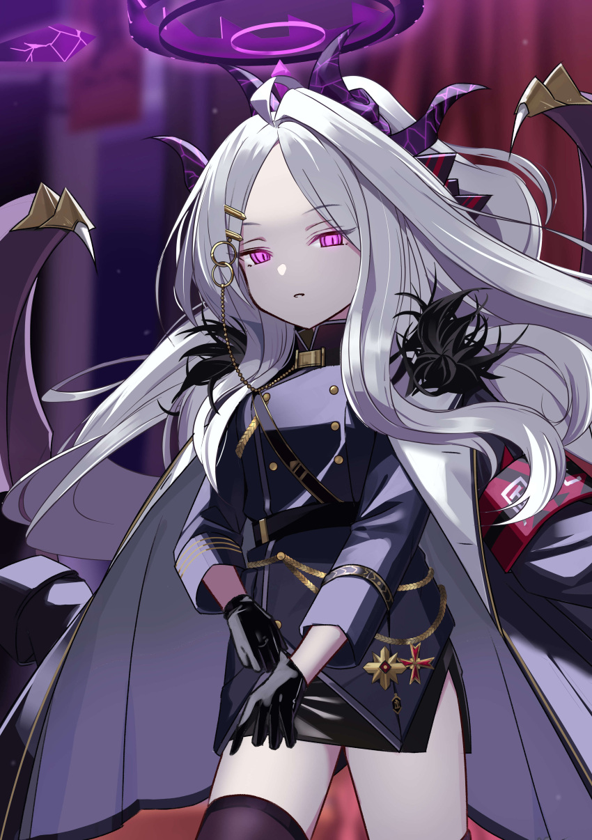 Safebooru - 1girl absurdres ahoge aiguillette armband black coat black gloves black horns black ...